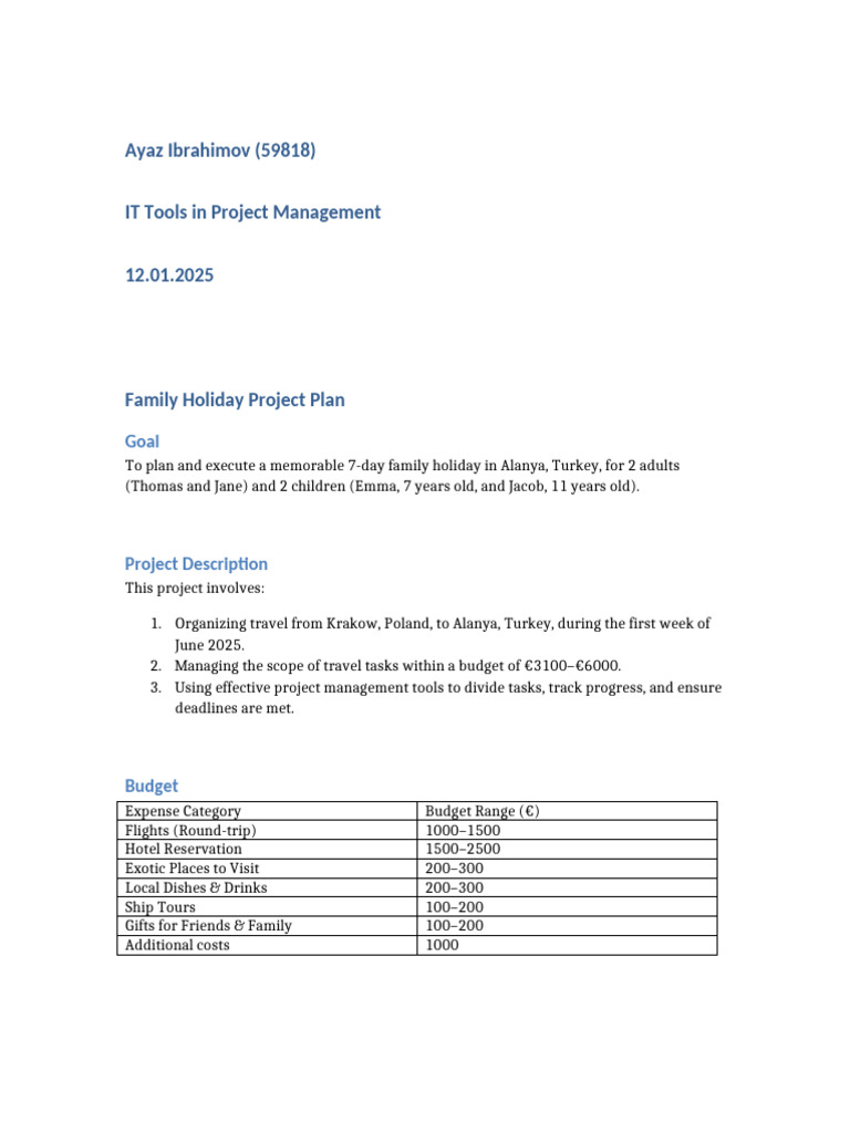 Family Holiday Project Plan in Alanya | PDF | Usability | Information ...