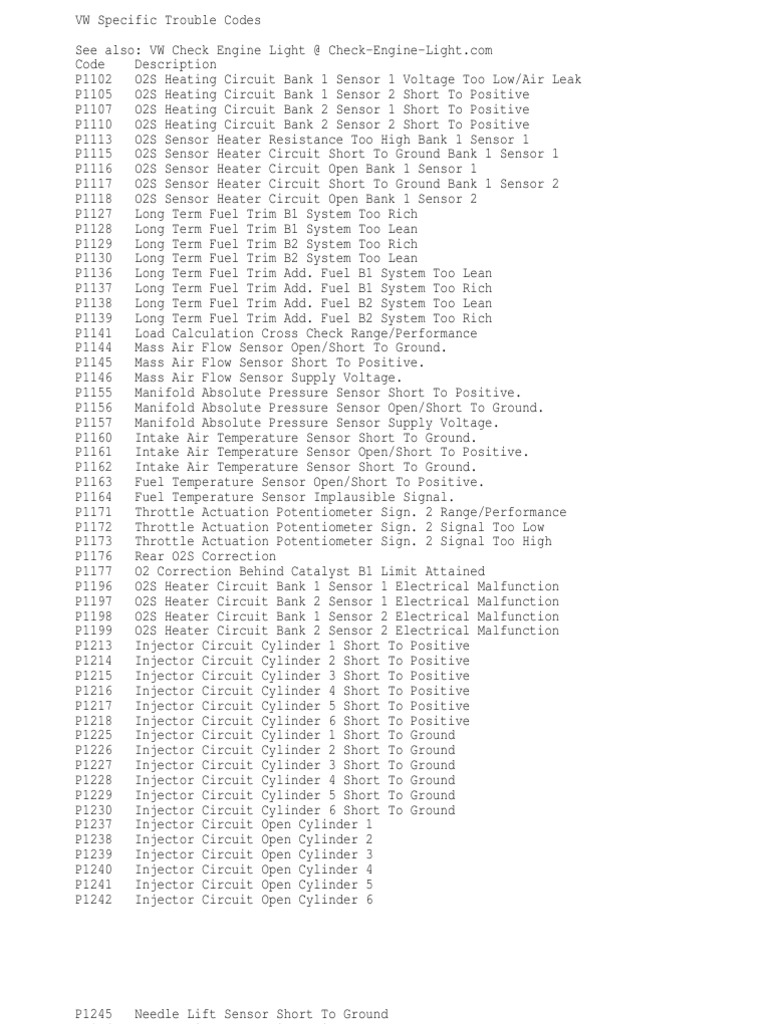 VW Jetta Codes PDF Throttle Fuel Injection