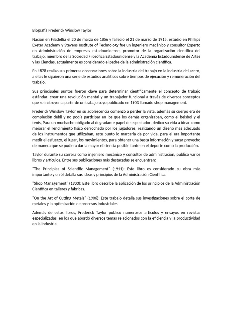 Biografía de Frederick Winslow Taylor | PDF
