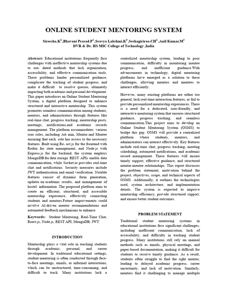 Online Student Mentoring System Research Paper | PDF | Mentorship | Educational Technology