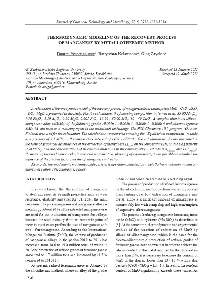 Manganese Recovery via Metallothermic Modeling | PDF | Silicon Dioxide ...