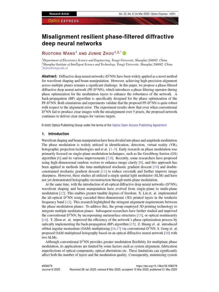 Misalignment Resilient Phase-Filtered Diffractive Deep Neural Networks | PDF | Normal ...