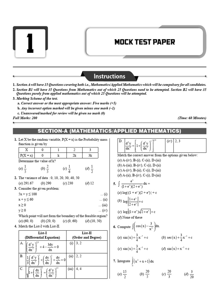 Mock Test Paper: Instructions | PDF | Mathematical Analysis | Mathematics