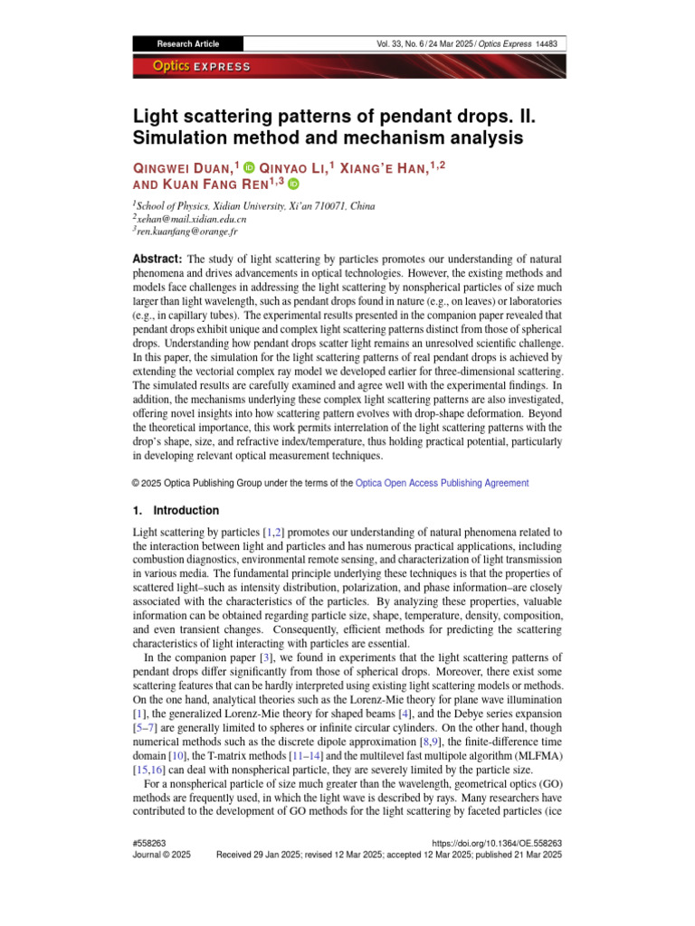 Light Scattering Patterns of Pendant Drops. II. Simulation Method and ...