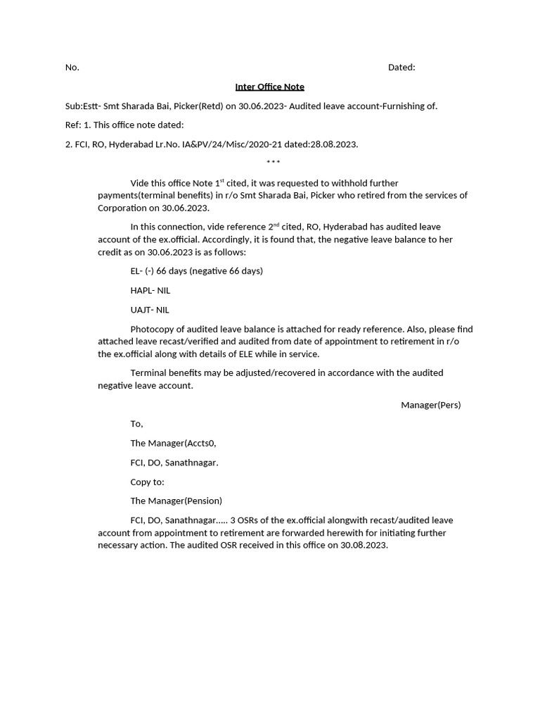 Audited Leave Account for Retired Employee | PDF