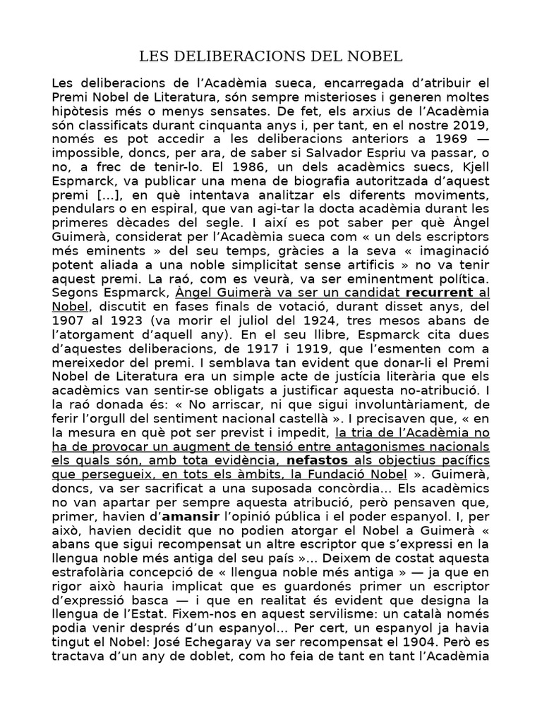 Les Deliberacions Del Nobel | PDF