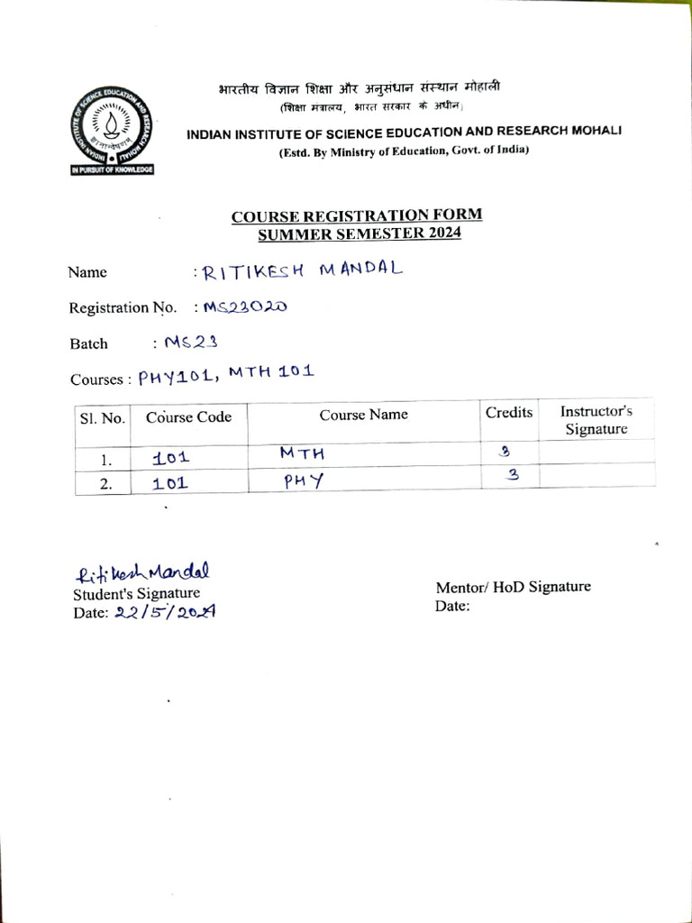 Summer 2024 Course Registration Form | PDF