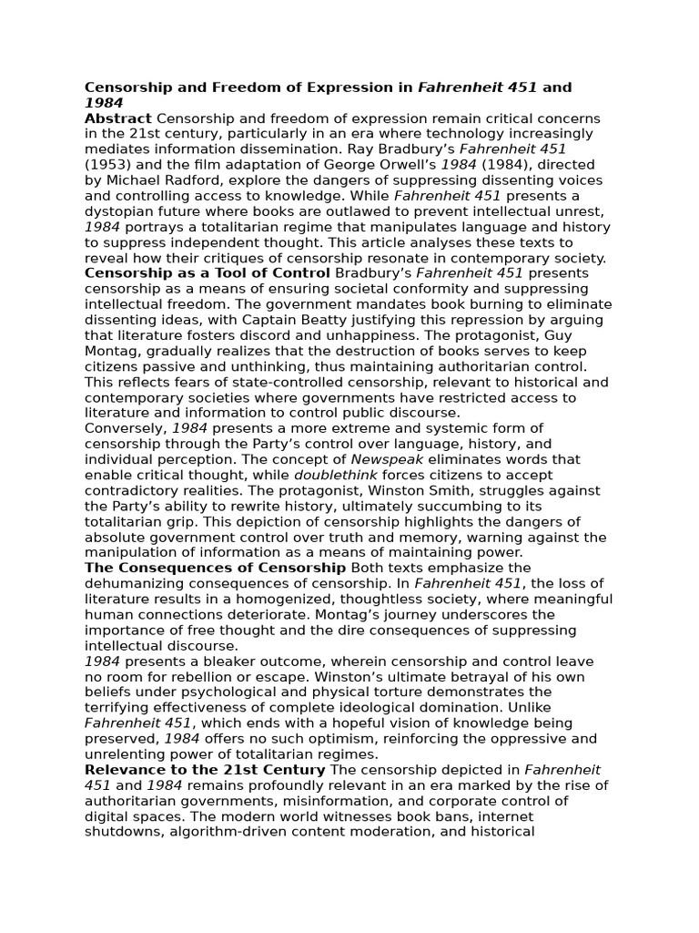 1984 Censorship and Freedom of Expression in Fahrenheit 451 and 1984 ...