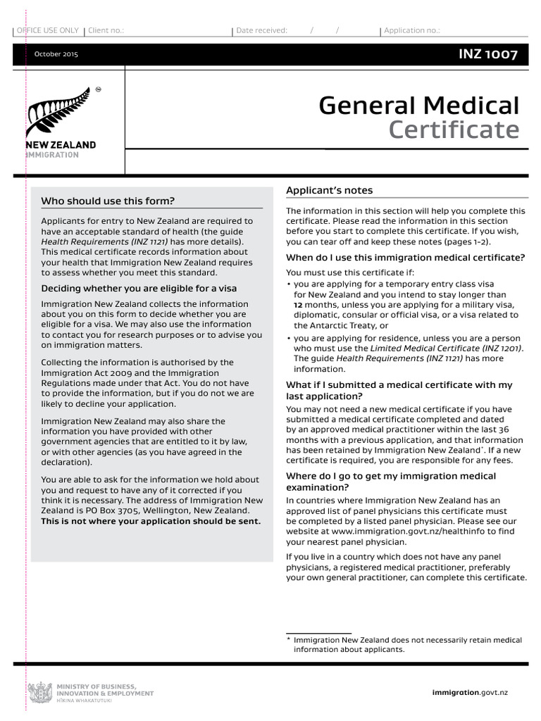 INZ1007 General Medical Certificate | PDF | Identity Document | Travel Visa