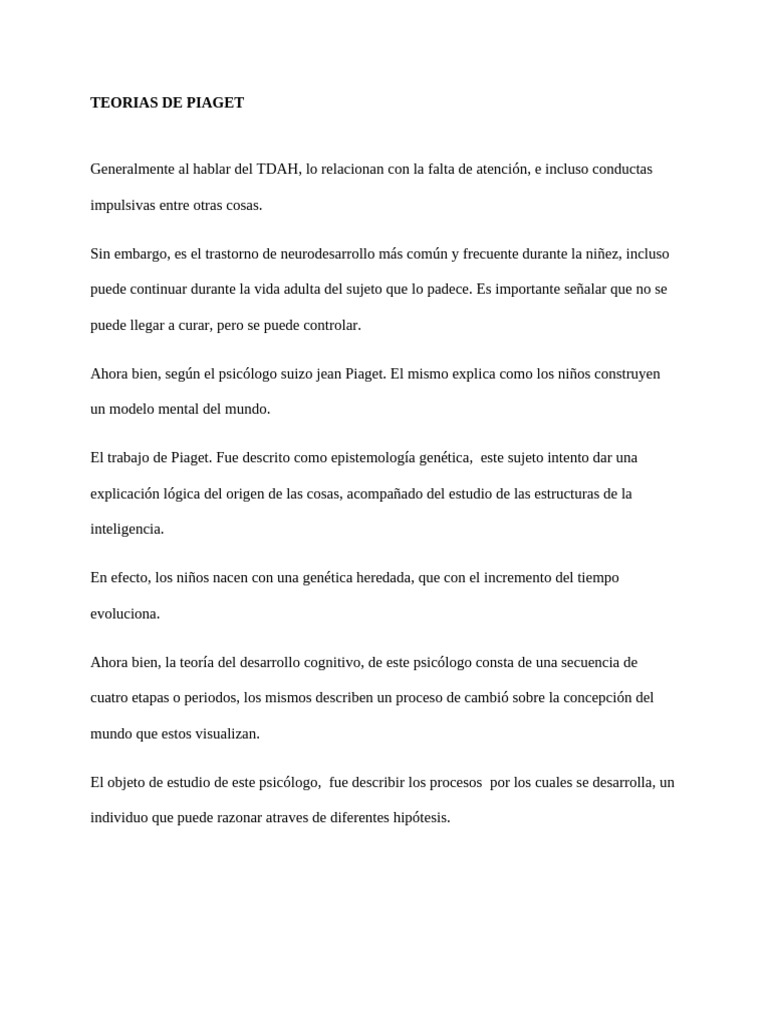 Teorias de Piaget 2 | PDF | Desorden hiperactivo y deficit de atencion | Sicología