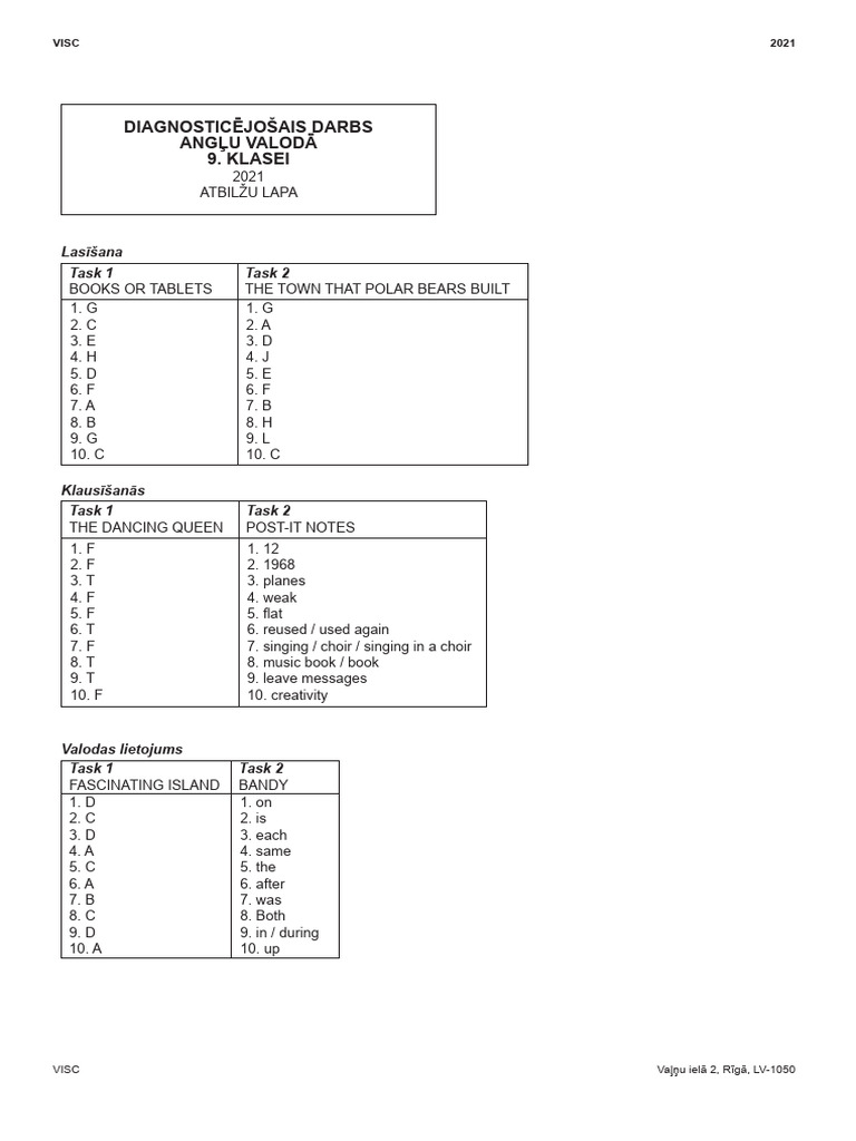 9 Klase Anglu Valoda Atbilzu Lapa | PDF