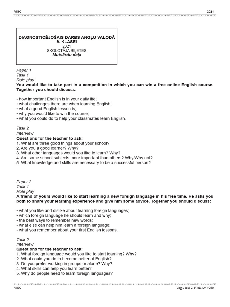 9 Klase Anglu Valoda Mutvardu Dala | PDF | Foreign Language | Teachers