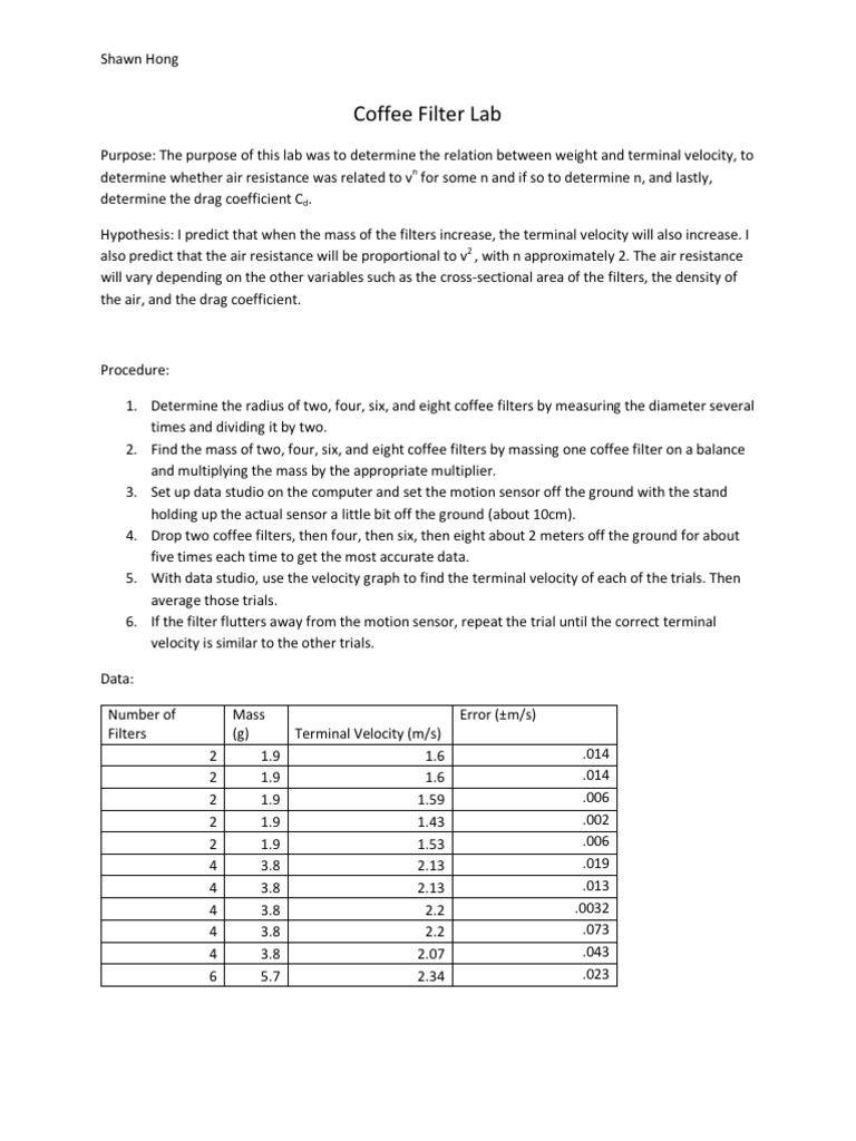 Coffee Filter Drag Coefficient Lab | PDF