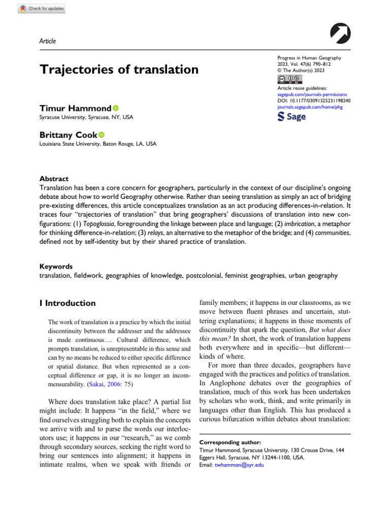 Hammond Cook 2023 Trajectories of Translation | PDF | Arabic | Translations