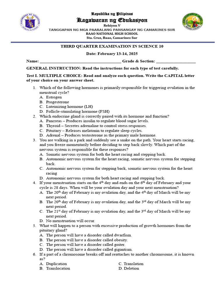 Science 10 Third Quarter Exam Guide | PDF | Menstrual Cycle | Hormone