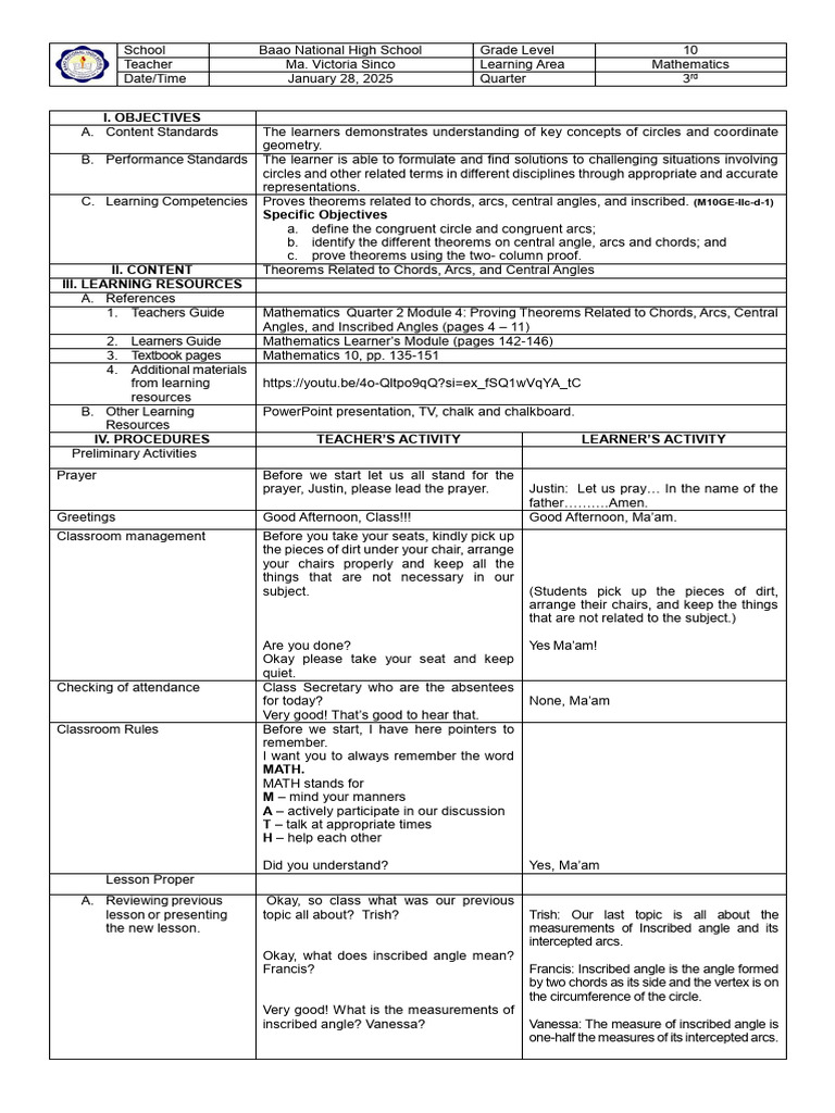 Lesson Plan For Theorems of Chords, Arcs and Central Angle | PDF ...