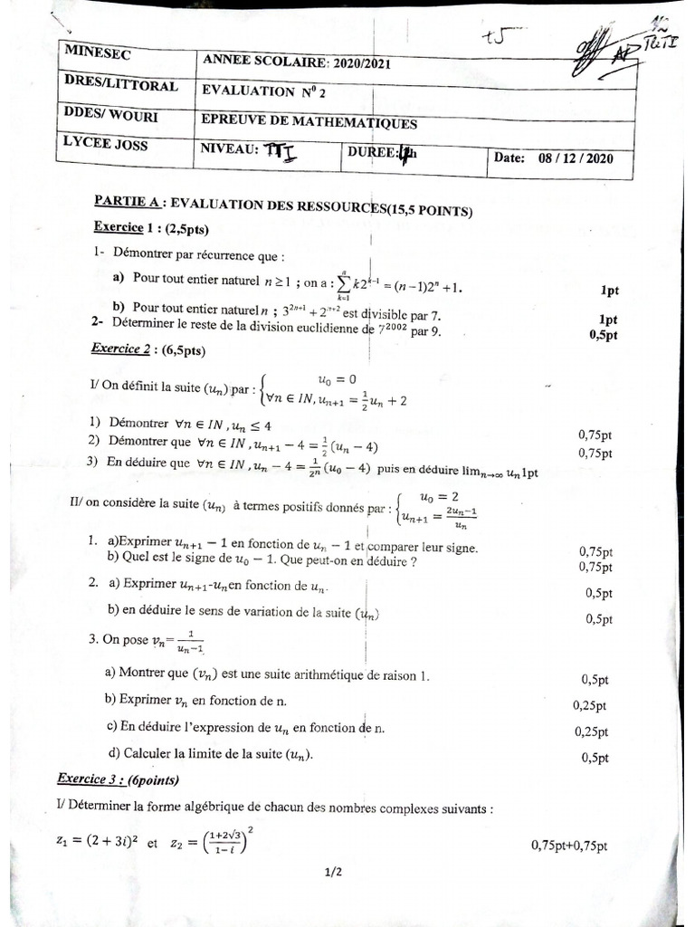 Mathematiques - Lycée Joss - Terminale Ti - Évaluation N°2 - 2021 Cameroun | PDF
