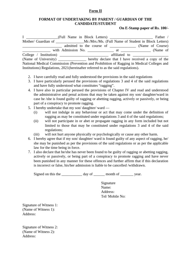 Format of Undertaking by Parent - Guardian of The Candidate-Student-1 | PDF | Justice | Crime ...