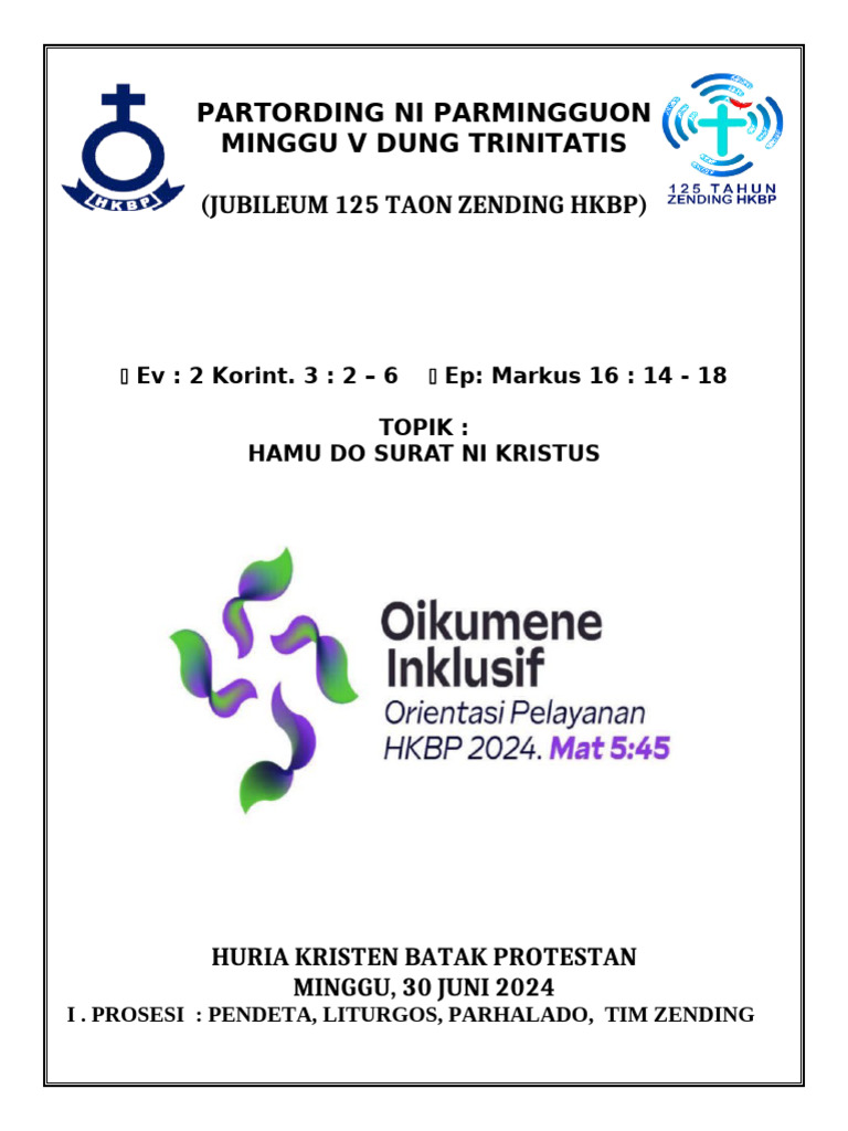 Tata Ibadah Minggu 30 Juni 2024 - Jubileum 125 Tahun Zending (Bahasa ...