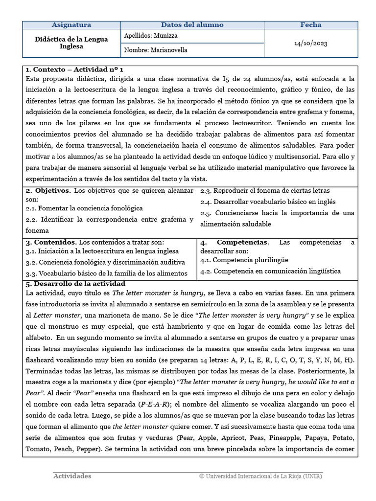 Actividades Didácticas de Inglés para I5 | PDF | Aprendizaje | Lingüística