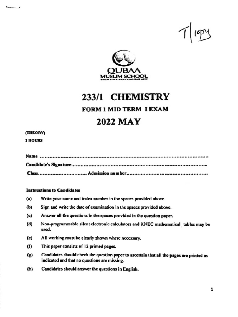 Chemistry Form 1 Marking Schemes Revision | PDF