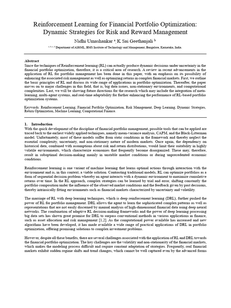 Reinforcement Learning For Financial Portfolio Optimization Dynamic Strategies For