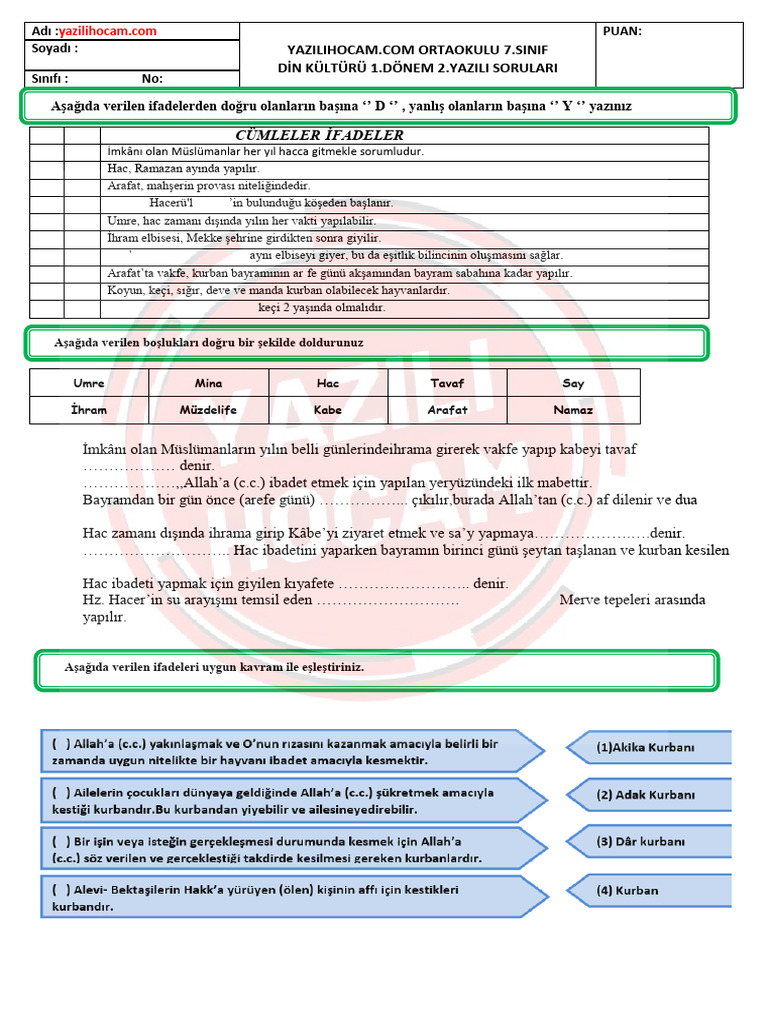 yazilihocam.com---------------7.SINIF DİN 1.DÖNEM 2.YAZILI SORULARI -1 | PDF