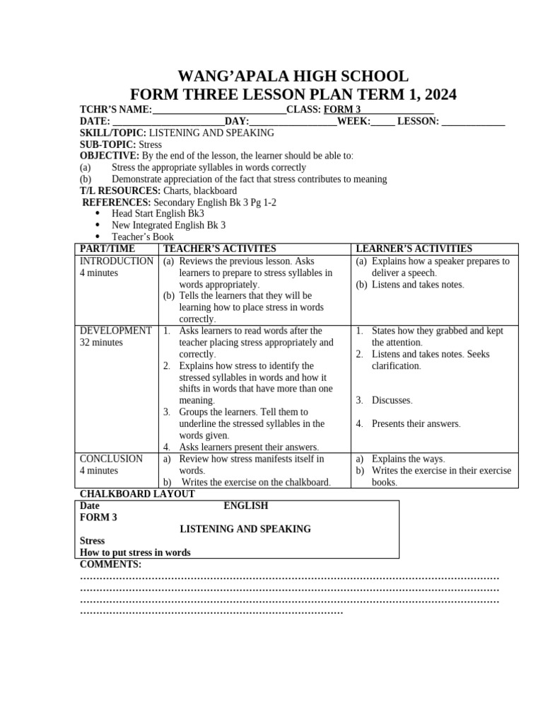 Form 3 Lesson Plans 2024 | PDF | Reading Comprehension | Lesson Plan