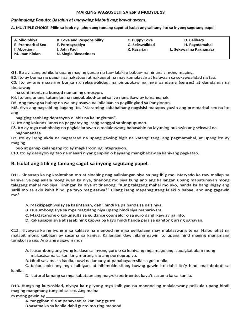 Maikling Pagsusulit Sa Esp 8 Modyul 13 | PDF