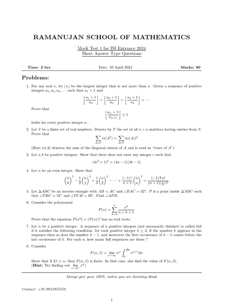 ISI Entrance Mock Test 2024 | PDF | Sequence | Abstract Algebra