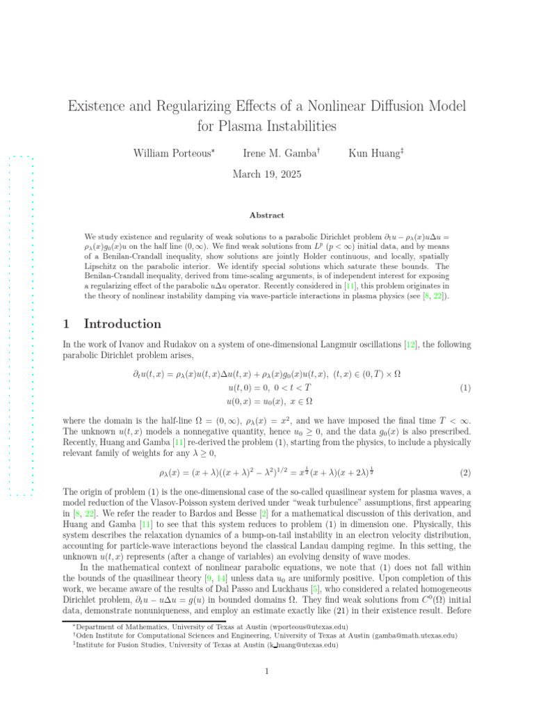 Existence and Regularizing Effects of A Nonlinear Diffusion Model For Plasma Instabilities | PDF ...