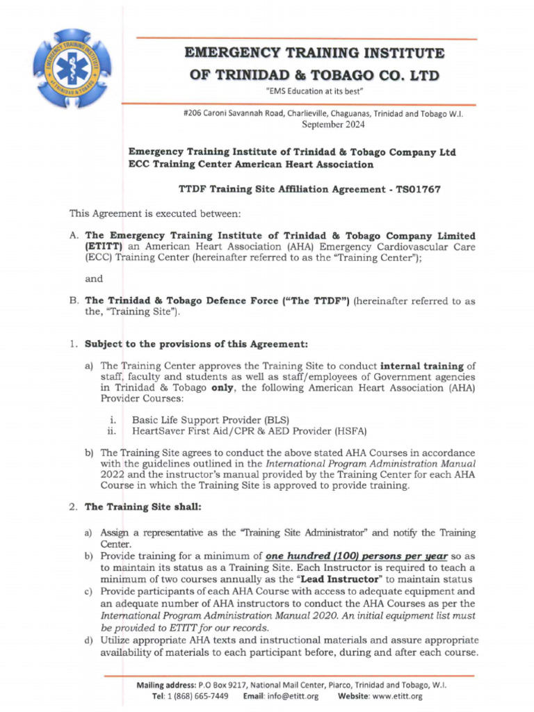 MOU Between Emergency Training Institute of T&T LTD and The TTDF | PDF