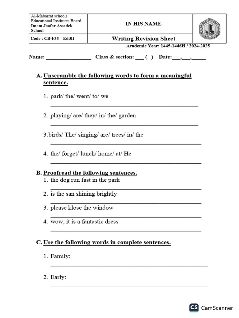 Writing Revision Sheet for Students | PDF