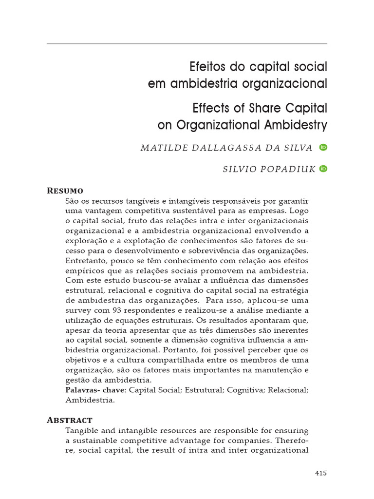 Efeitos do Capital Social na Ambidestria | PDF | Sociologia | Capital ...