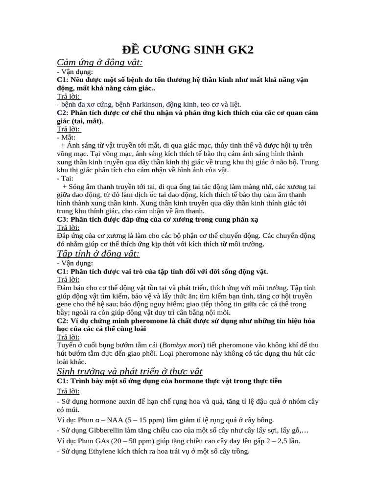 ĐỀ CƯƠNG SINH GK2 | PDF