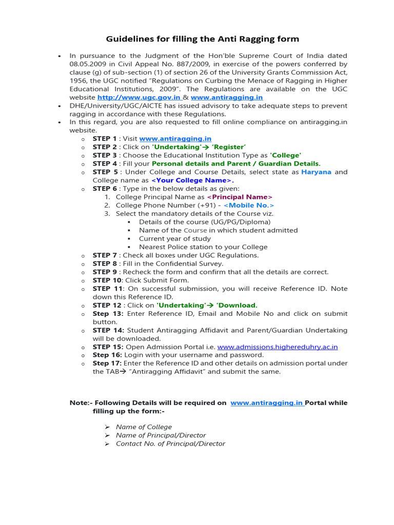 Guidelines Anti Ragging Form DHE2 | PDF