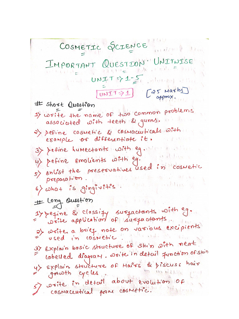 Unit 1 Imp Question Solution Cosmetic Science | PDF