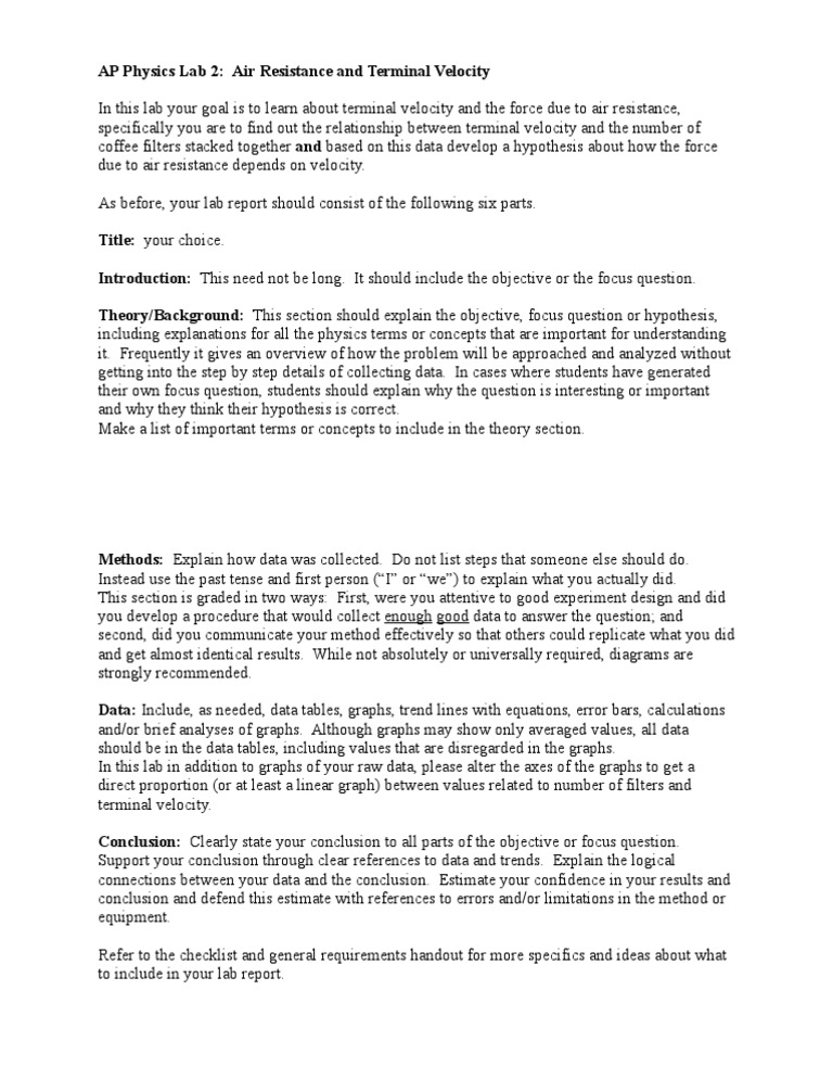 Air Resistance Lab | PDF | Drag (Physics) | Velocity