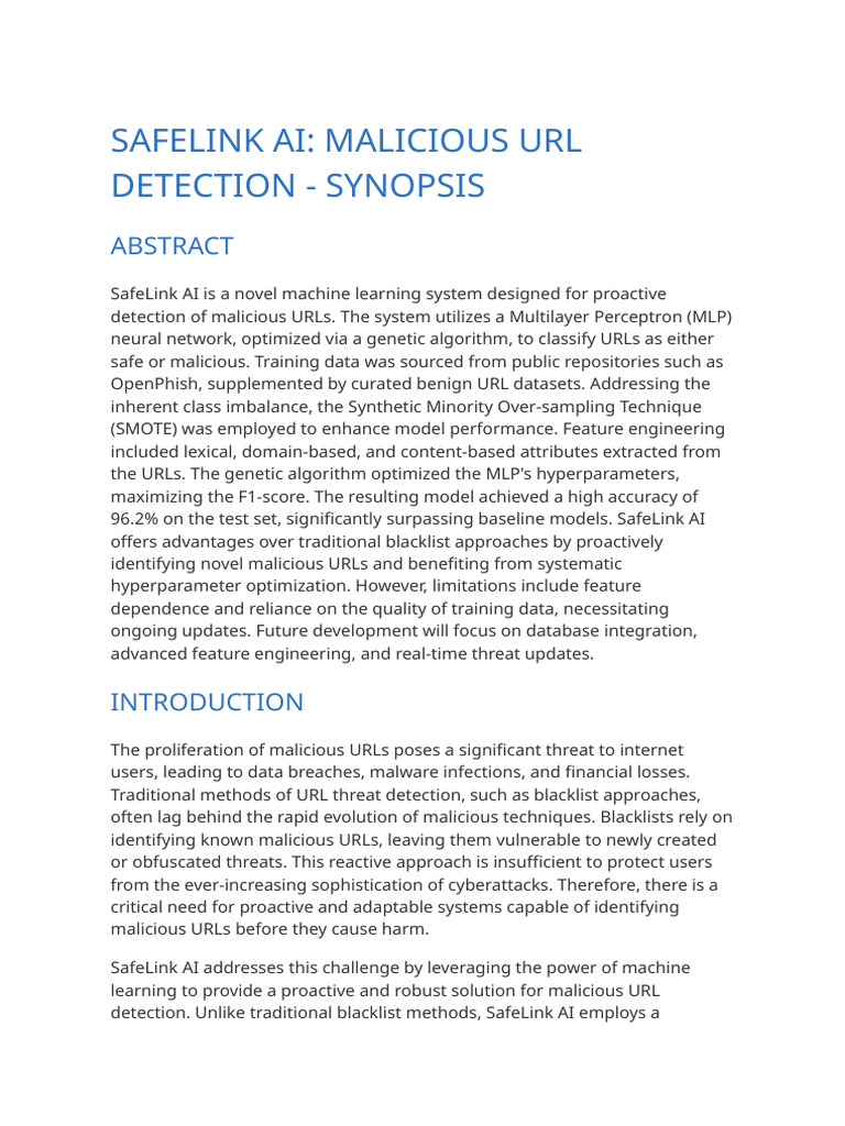 SafeLink AI - Malicious URL Detection - Synopsis | PDF | Receiver Operating Characteristic ...