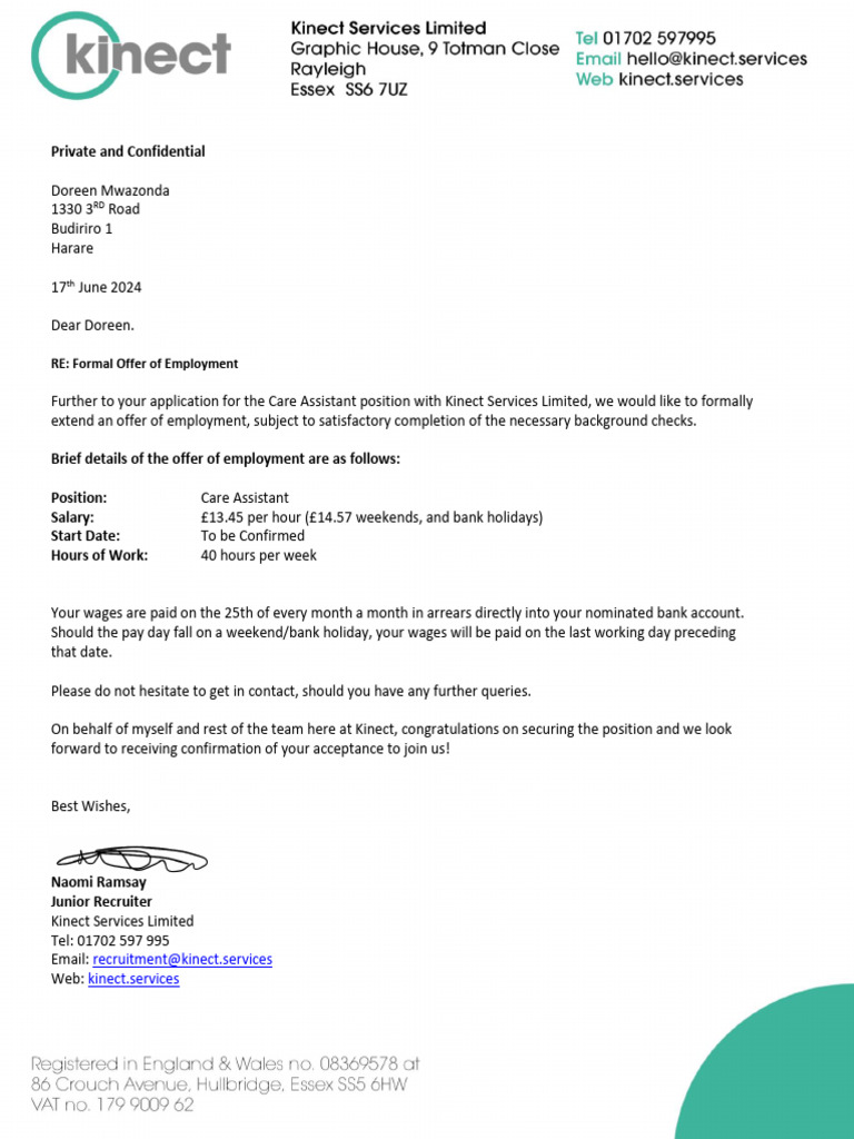 Offer Letter - Doreen Mwazonda | PDF