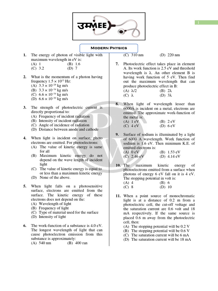 Modern Physics-Dual Nature of Matter and Radiation - Practice Sheet - 3 ...