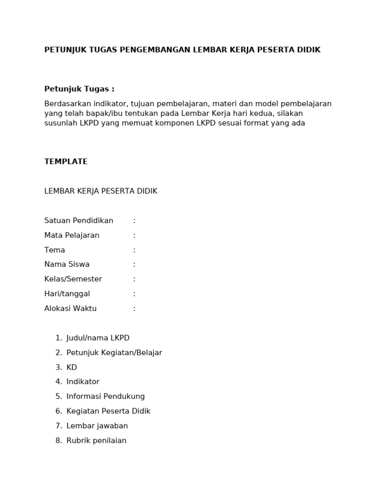 Instruksi Tugas Dan Template Pengembangan Lembar Kerja Peserta Didik | PDF