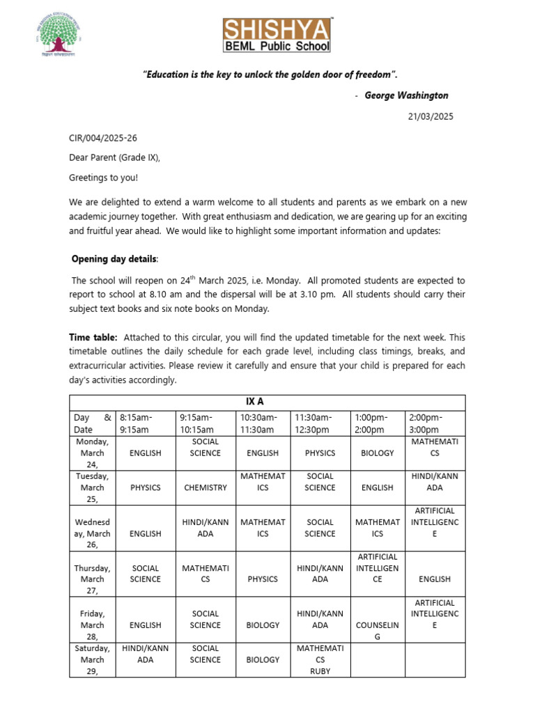 Circular No 004 - New Session - Grade IX | PDF | Science