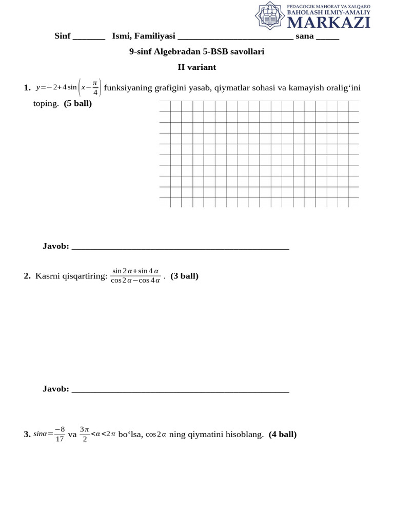 III Chorak 9 Sinf Algebra Ixtisos 5 BSB Original II Variant | PDF