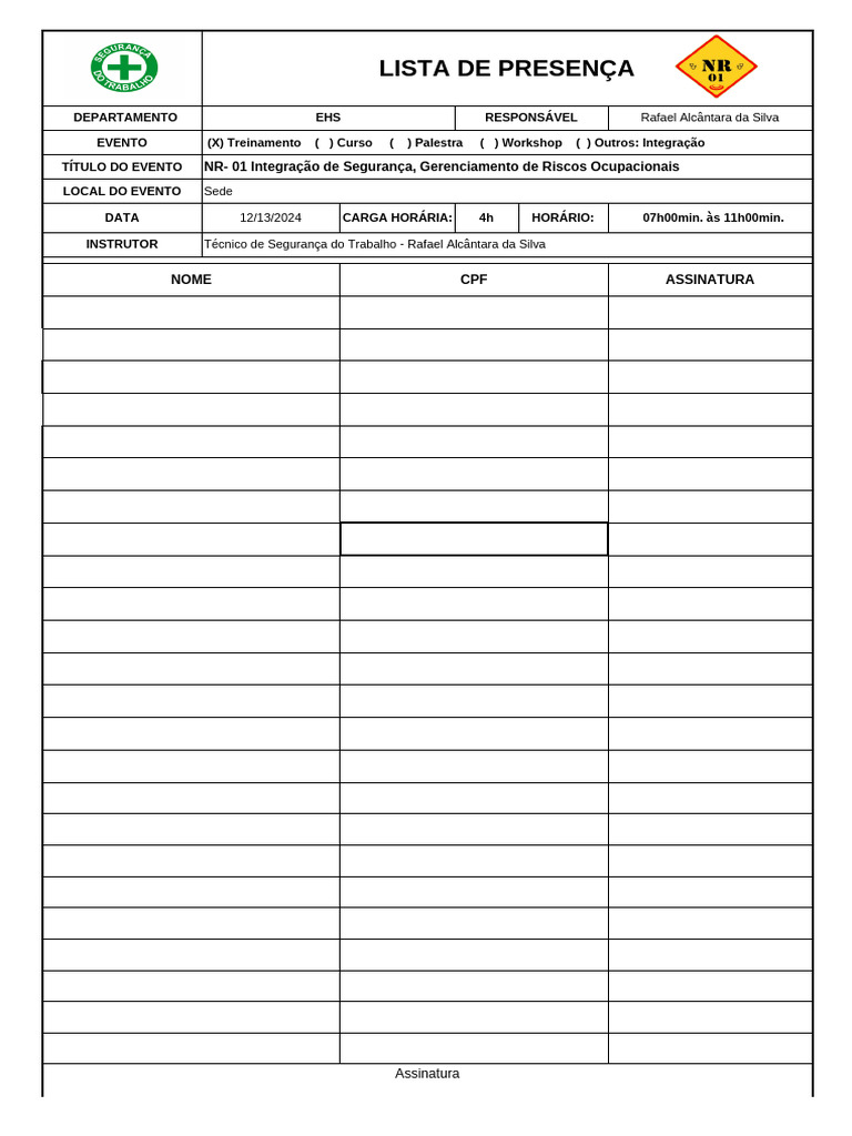 3 - LISTA DE PRESENCA NR-01 MANHÃ | PDF