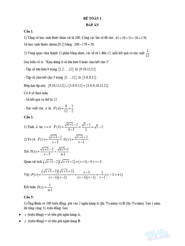 Dap An Toan de 1 Toan 10 1 | PDF