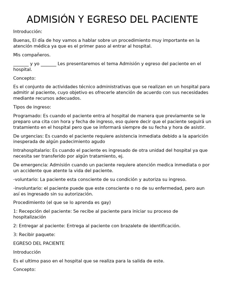 Admisión y Egreso Del Paciente | PDF | Hospital | Cuidado de la salud