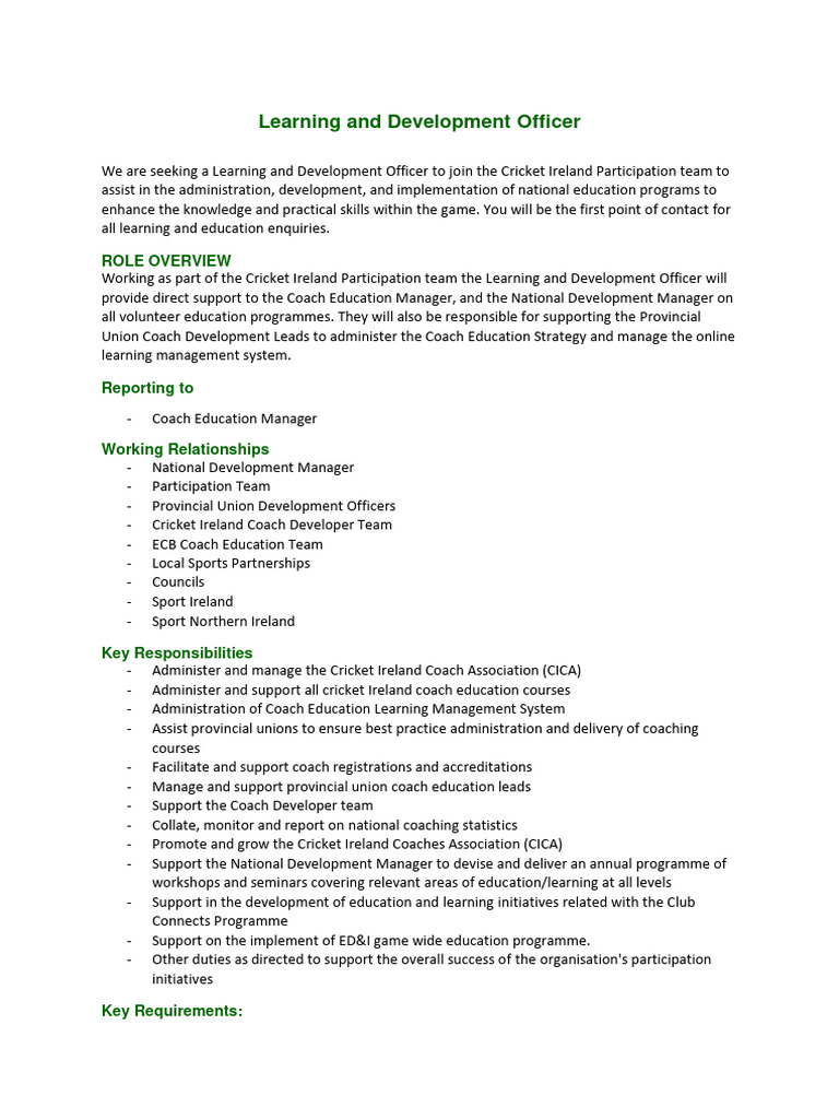 Cricket Ireland Learning Officer Role | PDF