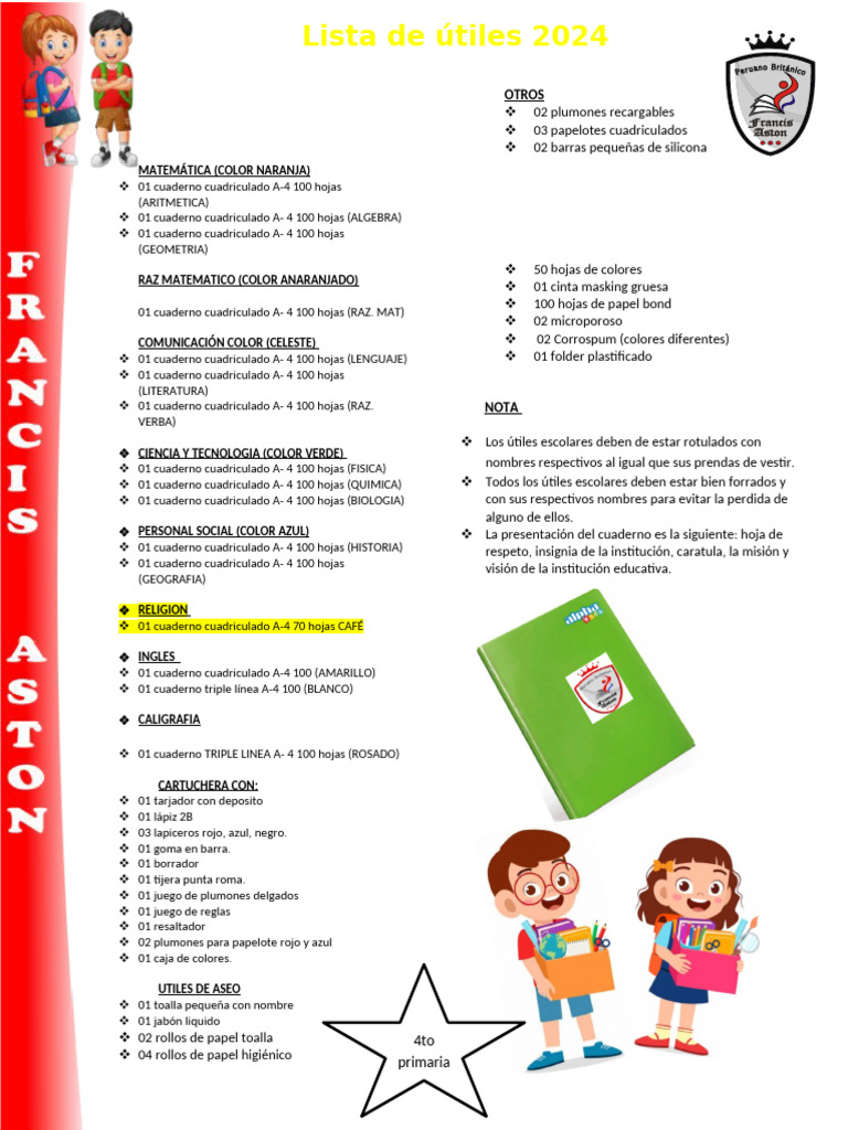 Lista de útiles escolares 2024 4to primaria | PDF | Color | Arco iris