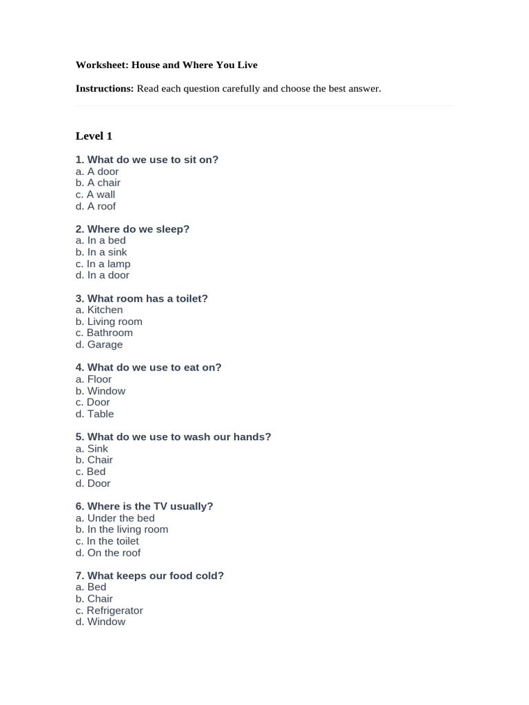 Worksheet - House and Where You Live - Level 1 | PDF